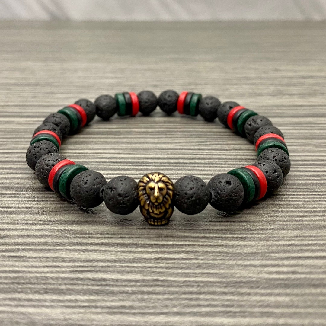Pan African RBG Flag Inspired With Brass Oxide Lion Bead Lava Stone and ...