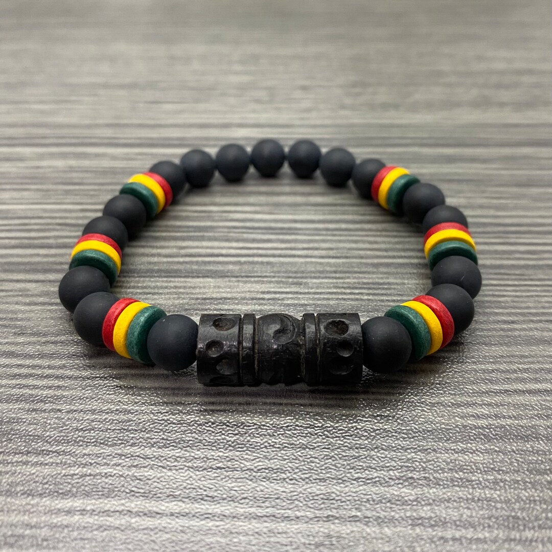 Rasta Flag Inspired Ceramic and Matte Onyx Stone Beaded Bracelet With ...