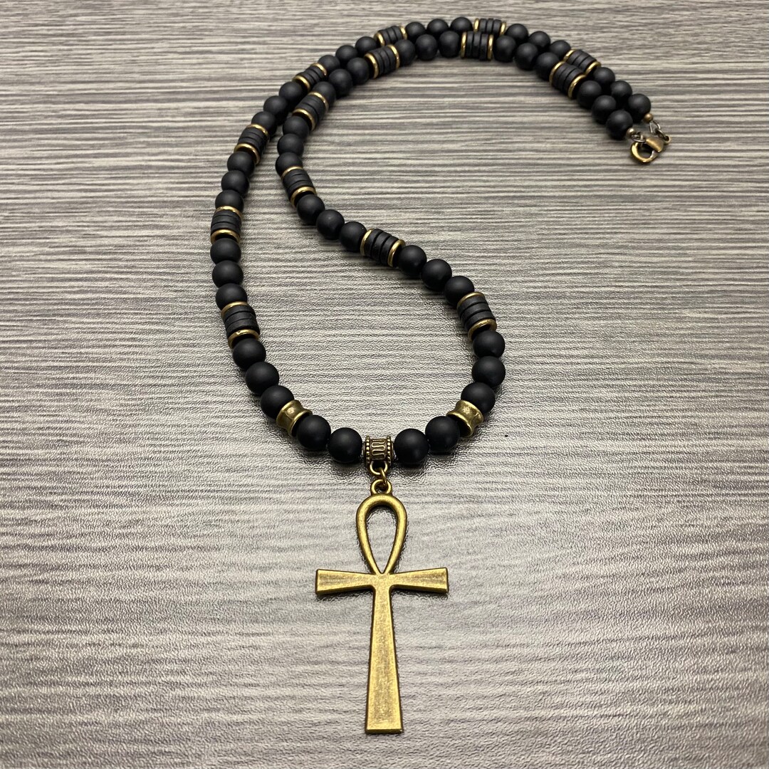 African Inspired Ankh Matte Onyx Stone and Black Ceramic Rondelle ...