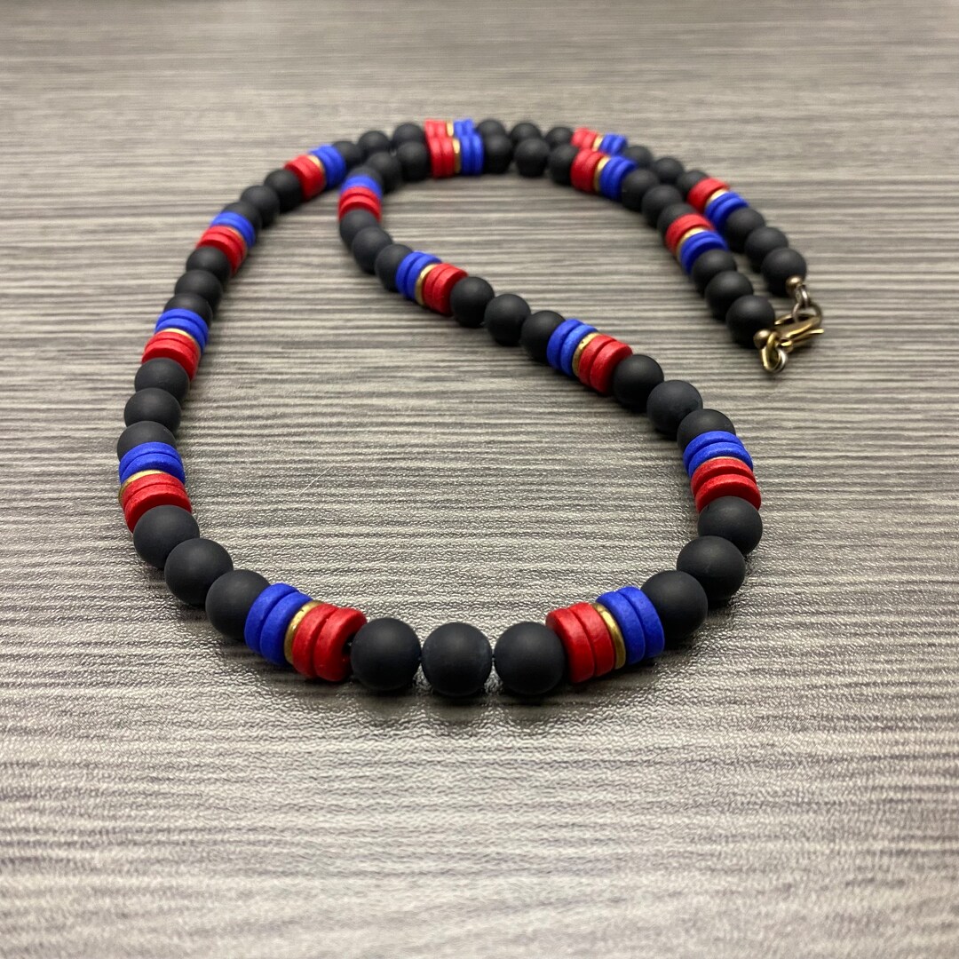 Haitian Flag Inspired Matte Onyx Stone and Ceramic Necklace With Brass ...