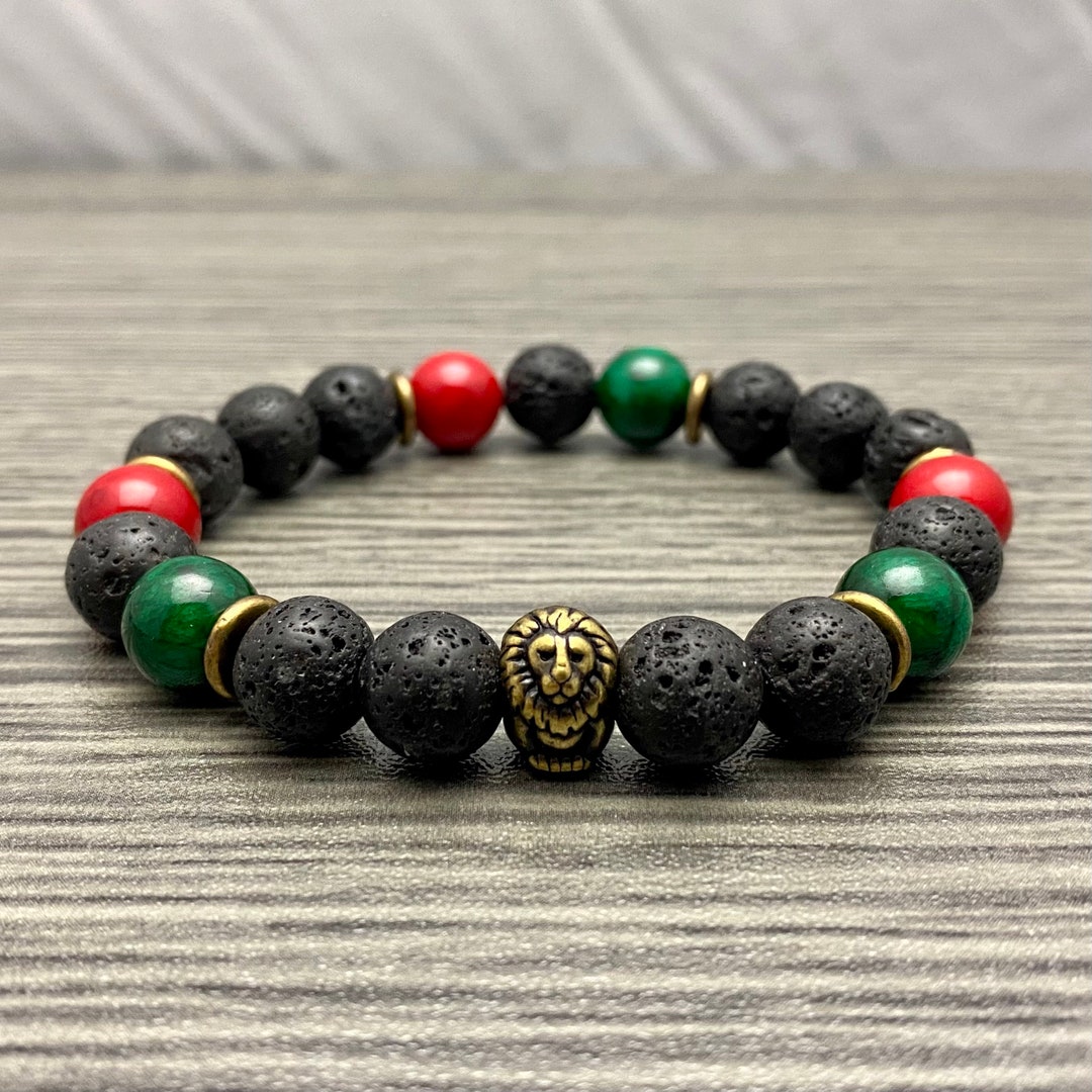 Pan African RBG Flag Inspired With Brass Oxide Lion Bead Lava Stone and ...