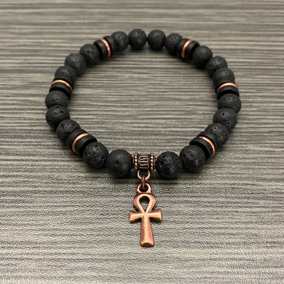 African Inspired Ankh Lava Stone and Ceramic Stretch Bracelet - Etsy
