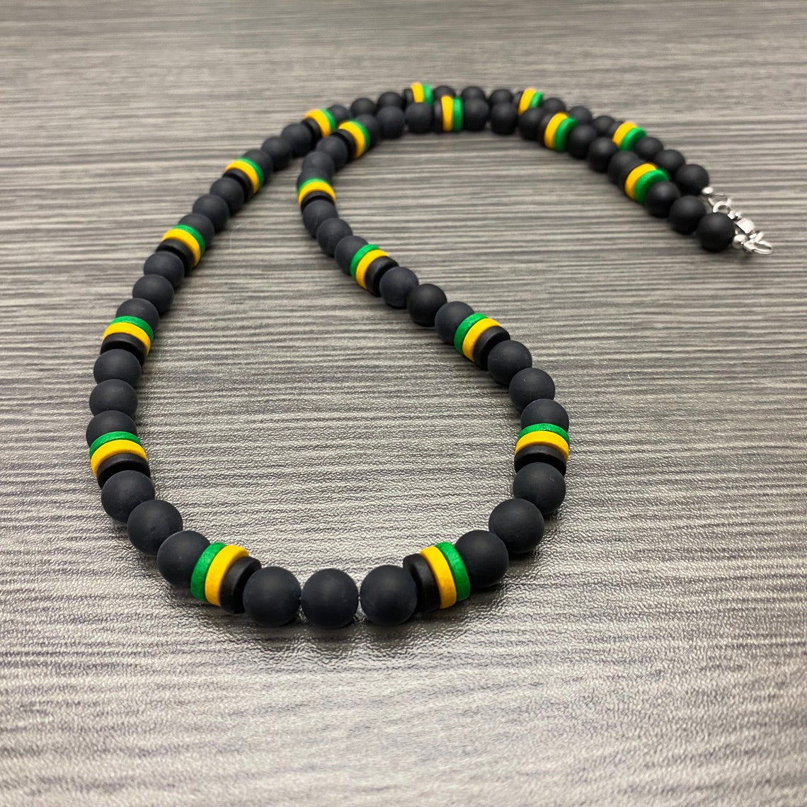 Jamaican Flag Inspired Matte Onyx and Ceramic Rondelle Beaded Necklace ...