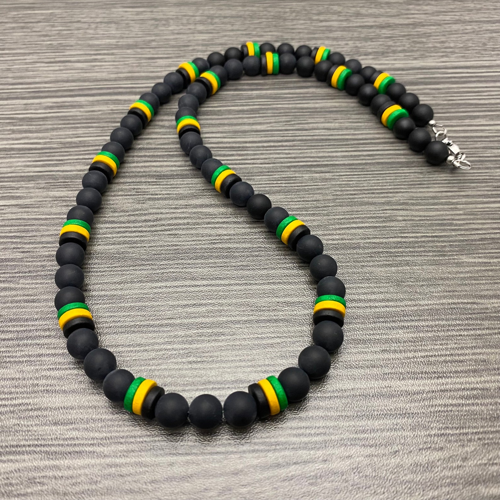Jamaican Flag Inspired Matte Onyx and Ceramic Rondelle Beaded Necklace ...