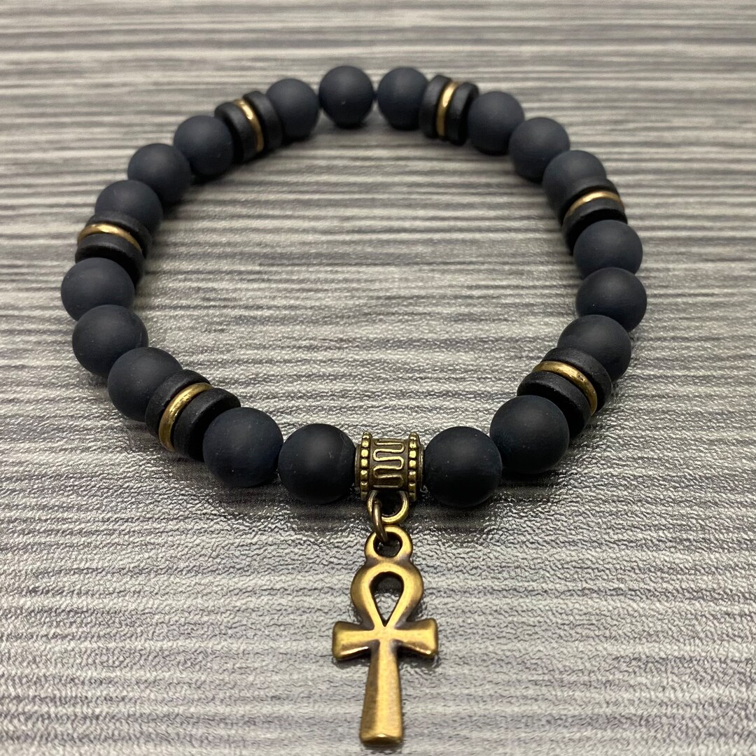 African Inspired Ankh Matte Onyx Stone and Ceramic Stretch Bracelet Men ...