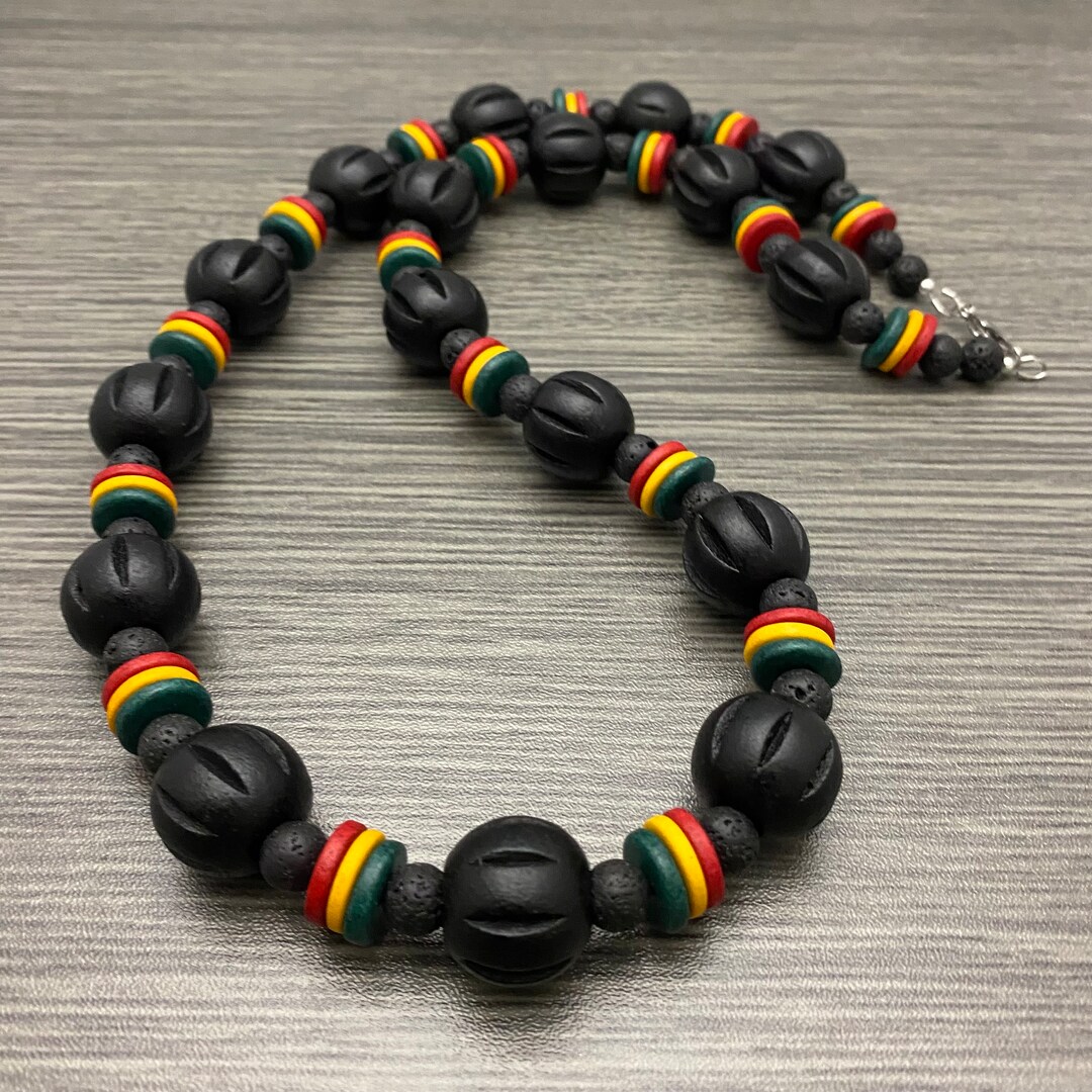 Rasta Flag Inspired Wooden Ceramic Lava Stone Large Beaded Necklace Men ...
