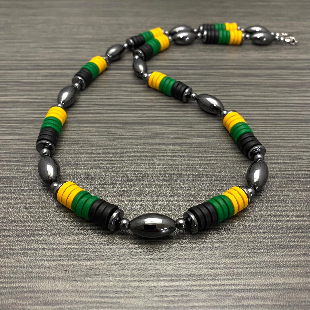 Jamaican Flag Inspired Hematite & Ceramic Rondelle Beaded Necklace Men ...