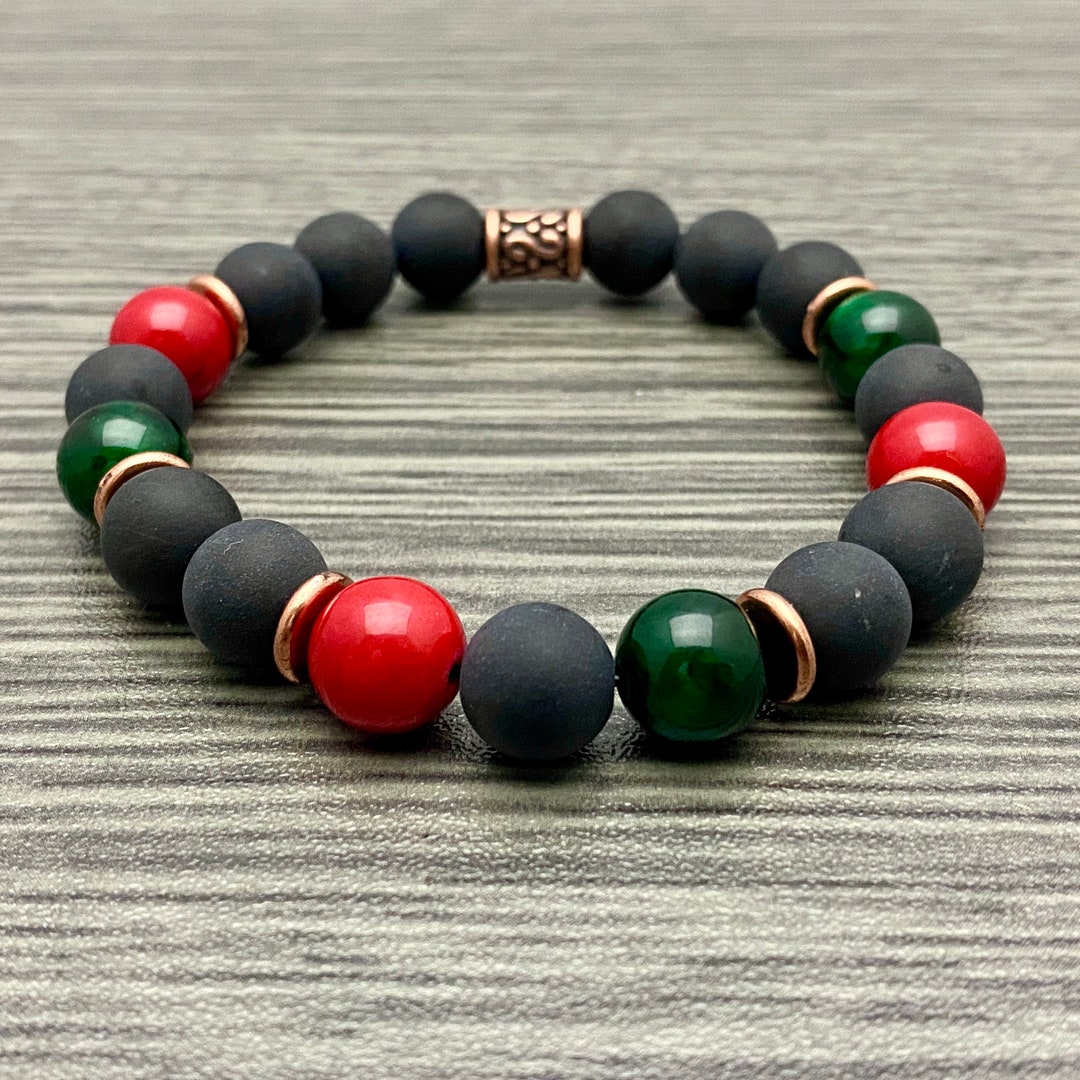 Pan African RBG Flag Inspired Black Matte Onyx Gemstone & Dyed Mountain ...
