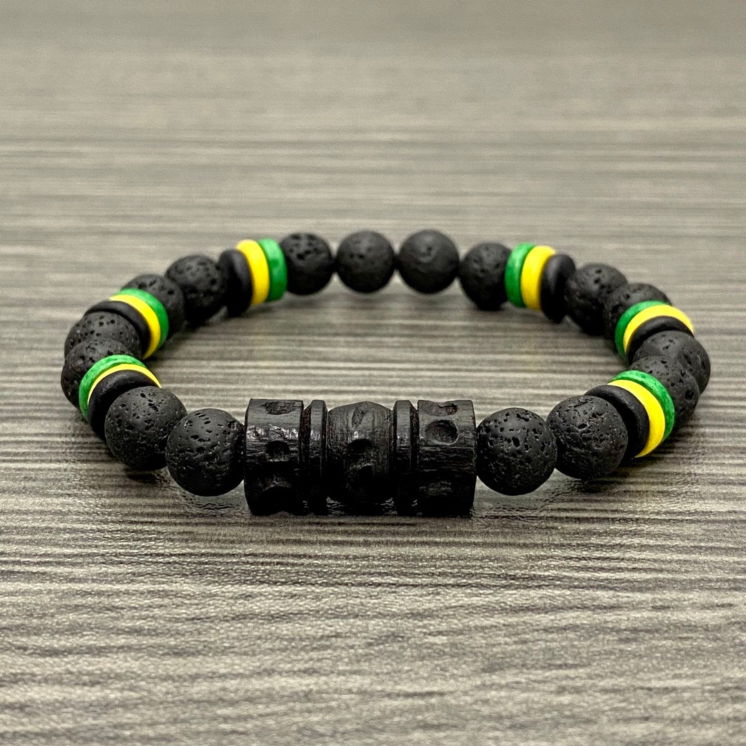 Jamaican Flag Inspired Ceramic and Lava Stone Beaded Bracelet With Hand ...