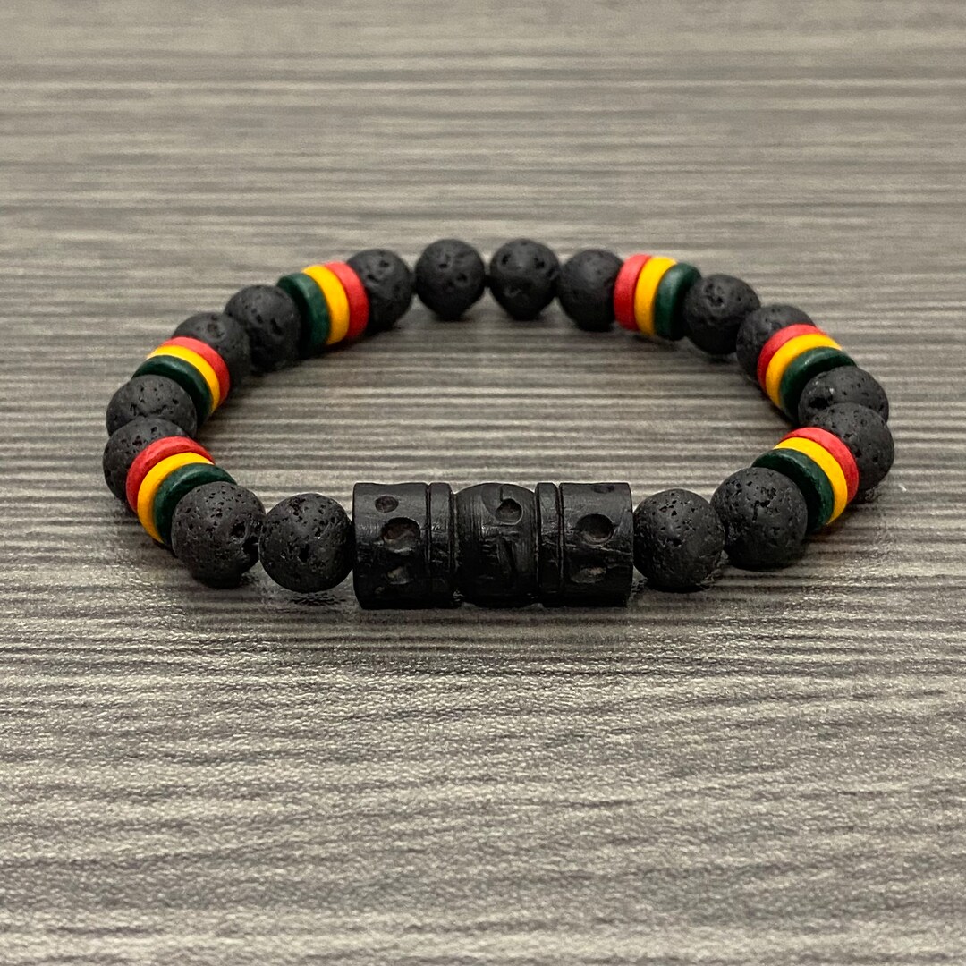 Rasta Flag Inspired Ceramic and Lava Stone Beaded Bracelet With Hand ...