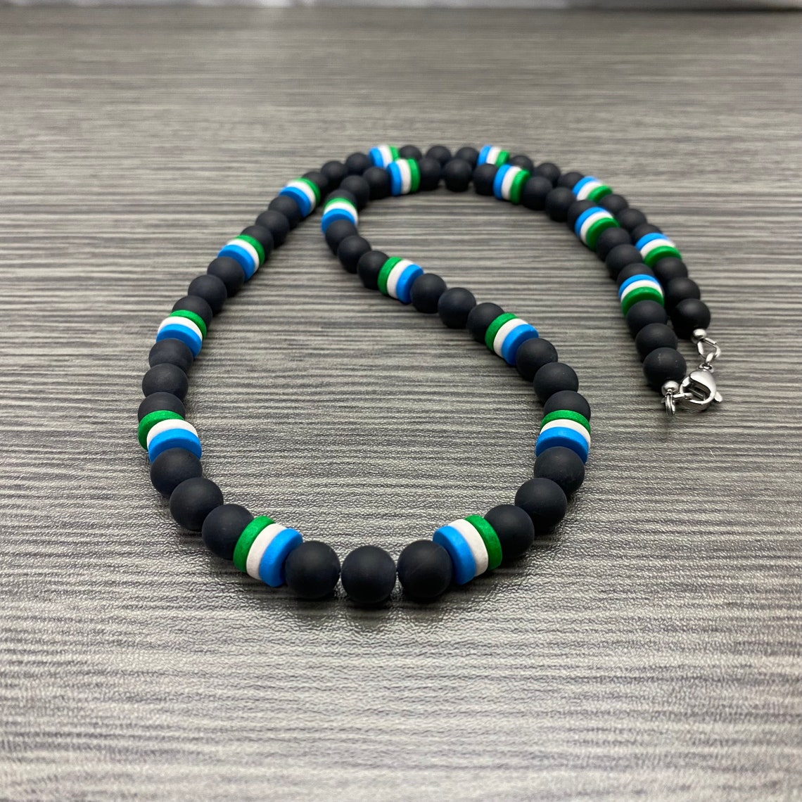 Sierra Leone Flag Inspired Matte Onyx Stone and Ceramic Rondelle Beaded ...