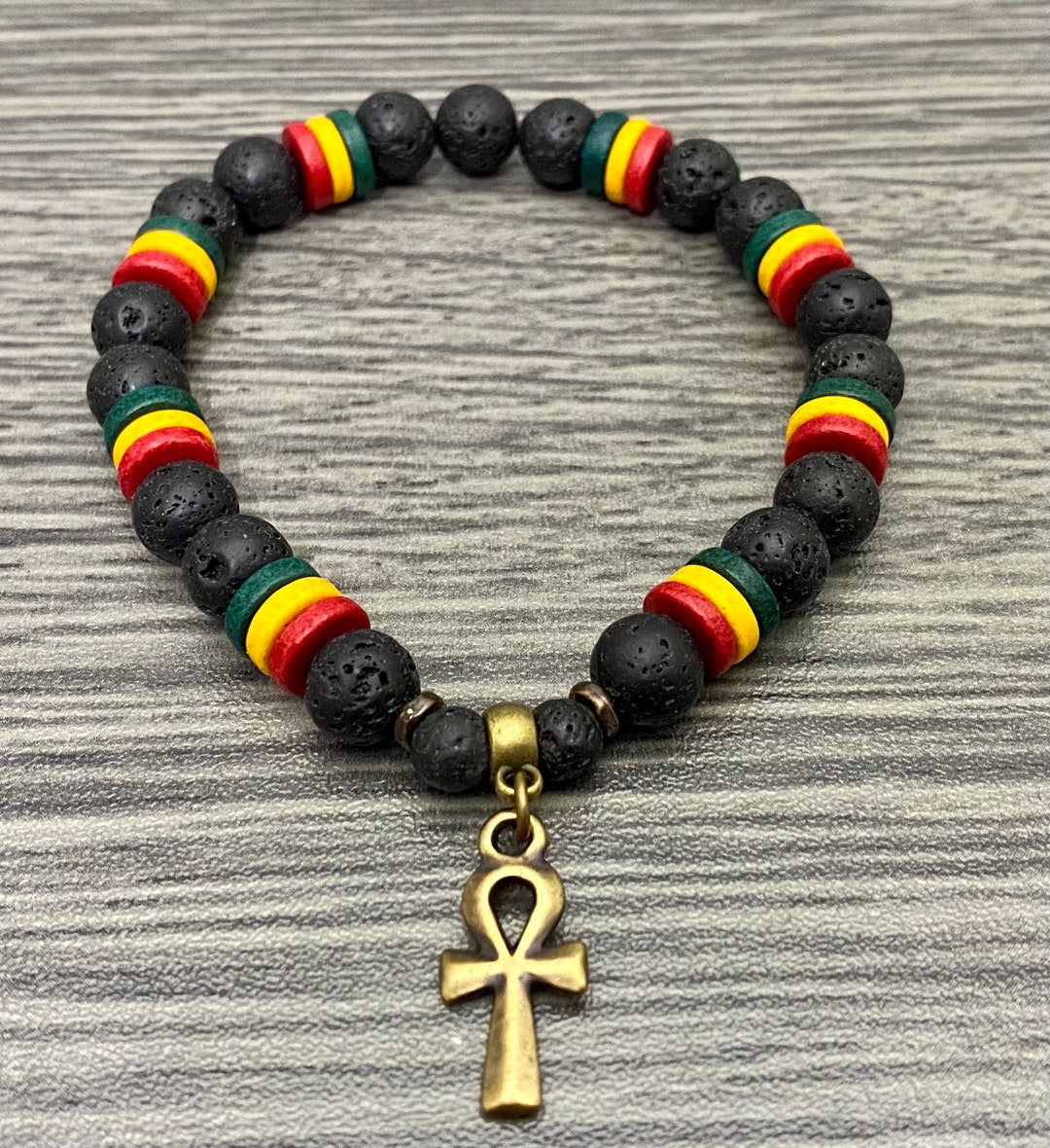 Rasta Flag Inspired Ankh With Lava Stone and Ceramic Stretch Bracelet ...