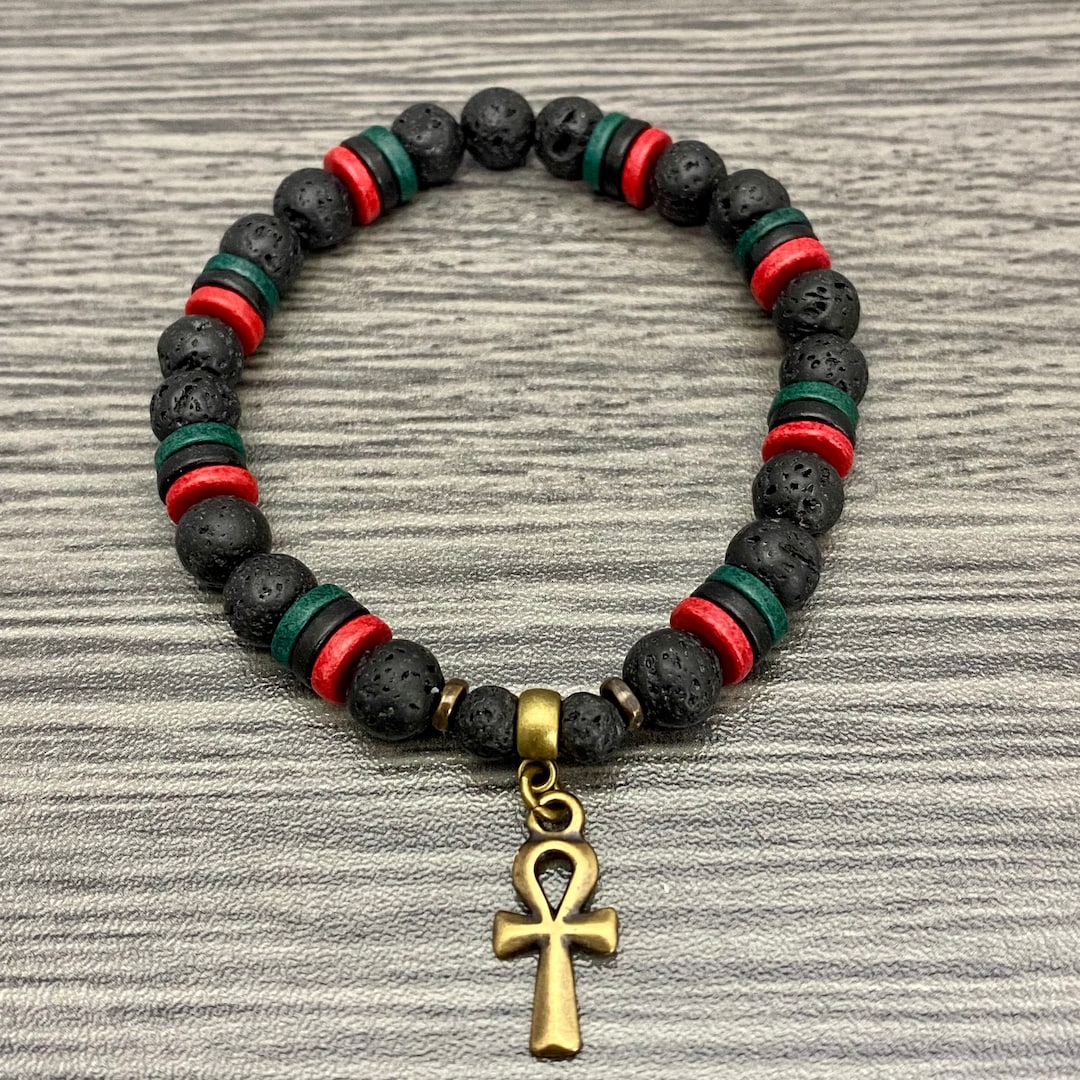 Pan African RBG Flag Inspired Ankh With Lava Stone and Ceramic Stretch ...