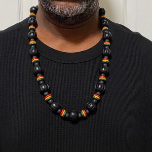 Rasta Flag Inspired Wooden Ceramic Lava Stone Large Beaded Necklace Men ...