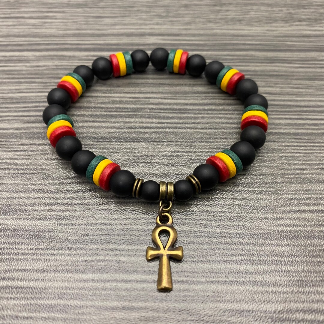 Rasta Flag Inspired Ankh With Matte Onyx Stone and Ceramic Stretch ...