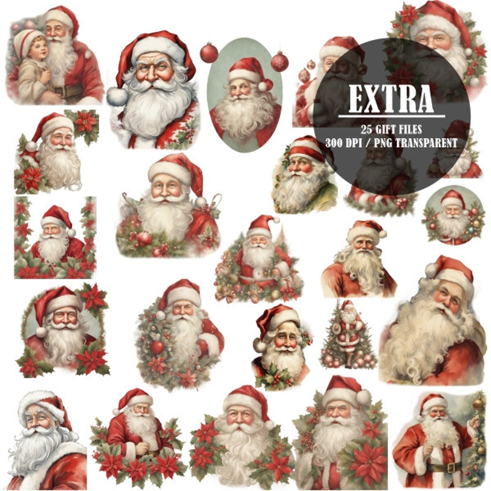 Watercolor Vintage Santa Claus Christmas Clipart 100 PNG Files, High ...