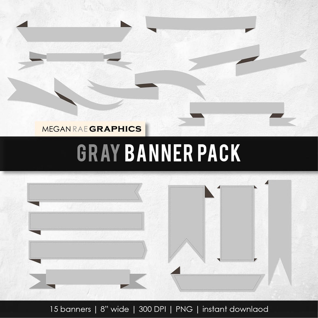 Banner Clipart Set - "gray Banners" Digital Clipart Pack (includes 15 ...