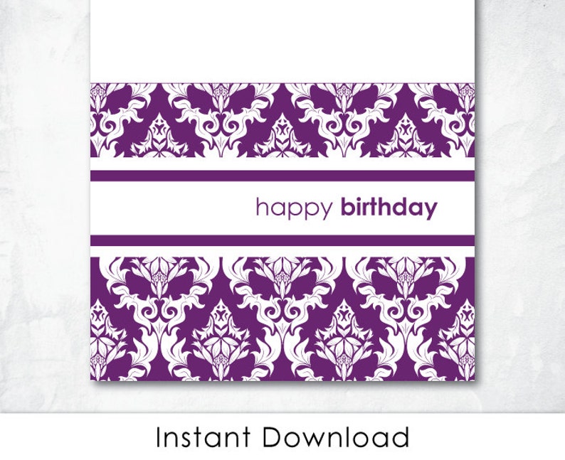 Birthday Card - PURPLE DAMASK Printable "happy Birthday" Card (A2 ...