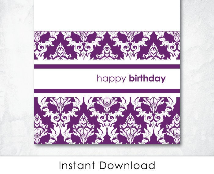 Birthday Card PURPLE DAMASK Printable happy Birthday Card A2 Format ...