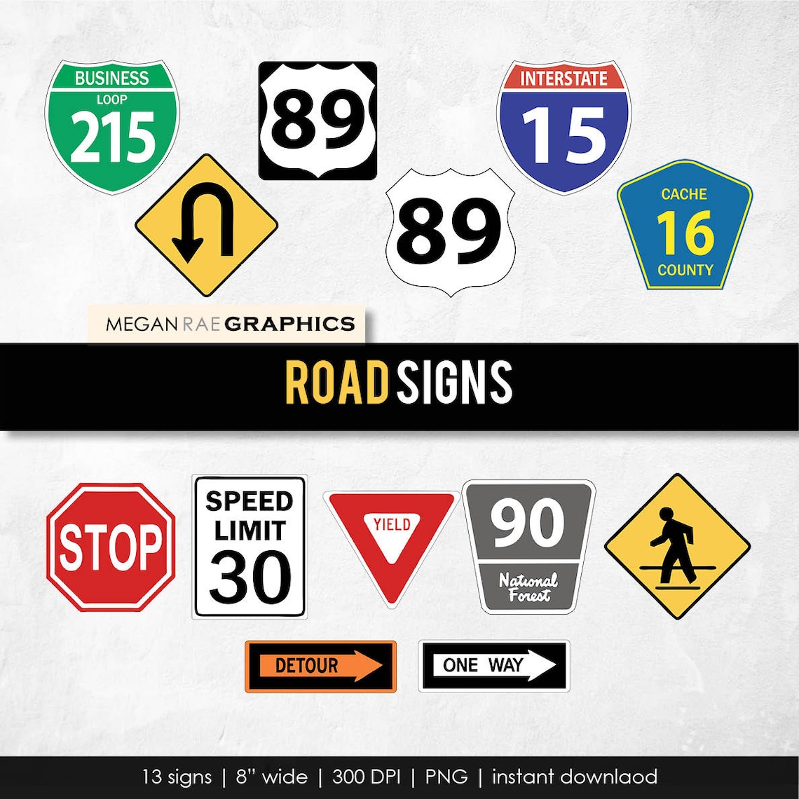 Road Signs Clipart Set - "road Signs" Digital Clipart Pack (includes 13 ...