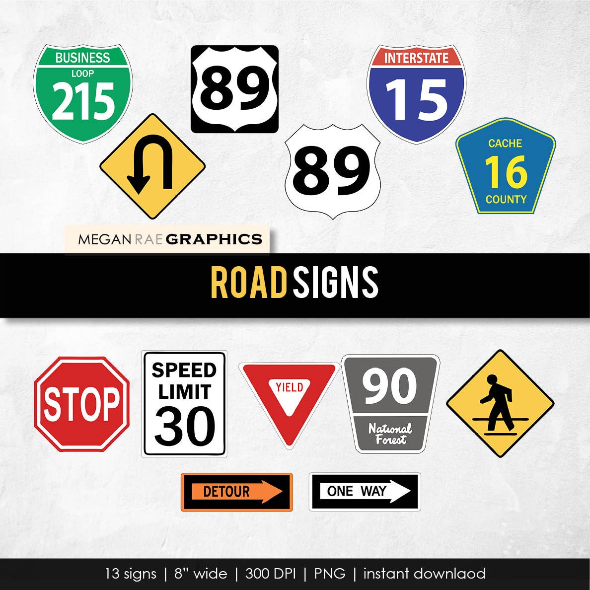 Road Signs Clipart Set - "road Signs" Digital Clipart Pack (includes 13 ...