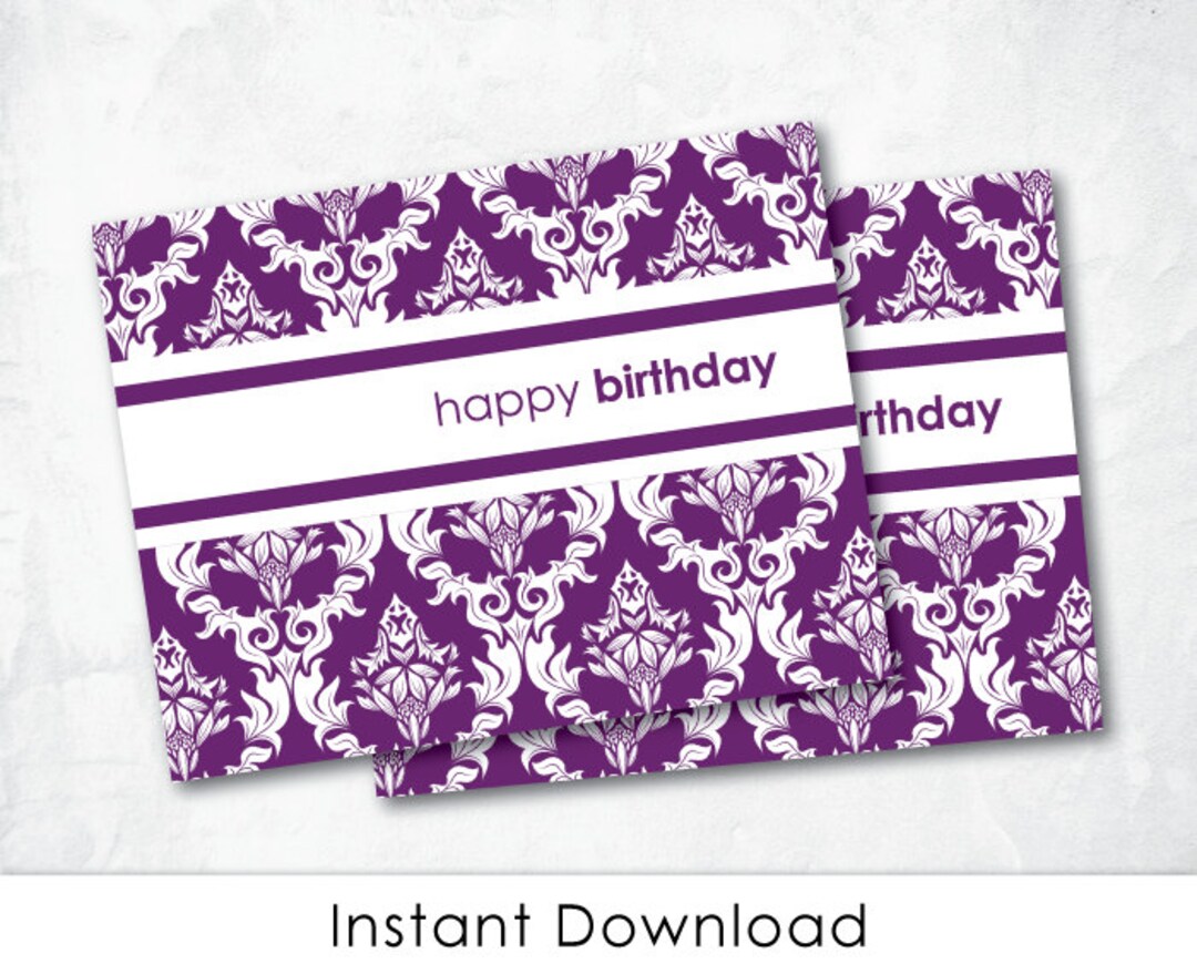 Birthday Card - PURPLE DAMASK Printable "happy Birthday" Card (A2 ...