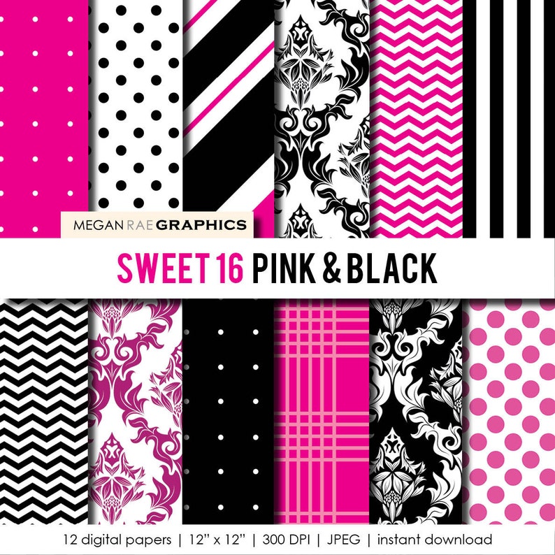 Digital Paper - 12x12 SWEET 16 Pink & Black Digital Paper Pack (high ...