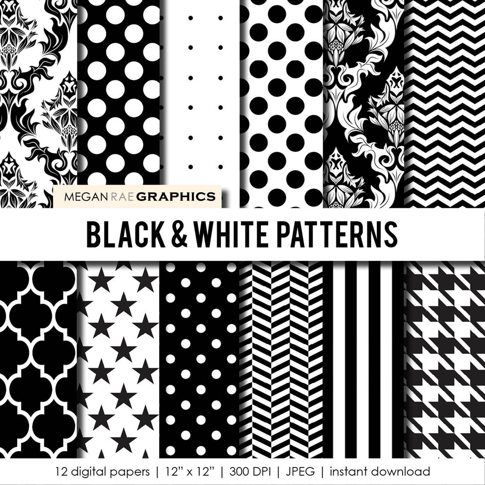 SALE 50% OFF Digital Paper - 12x12 Black & White Mix Digital Scrapbook ...