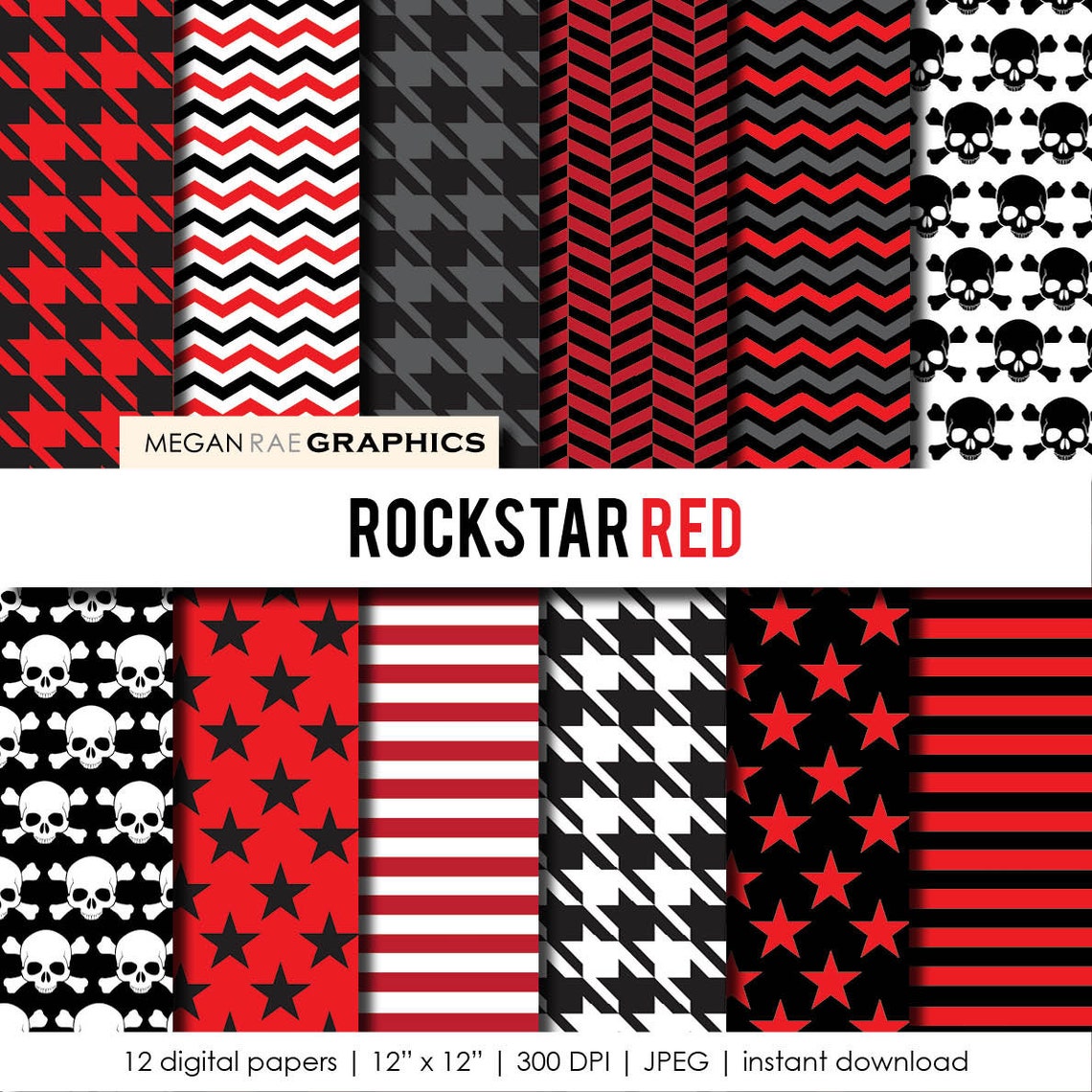 Digital Paper - 12x12 RED ROCKSTAR Digital Paper Pack (skulls ...