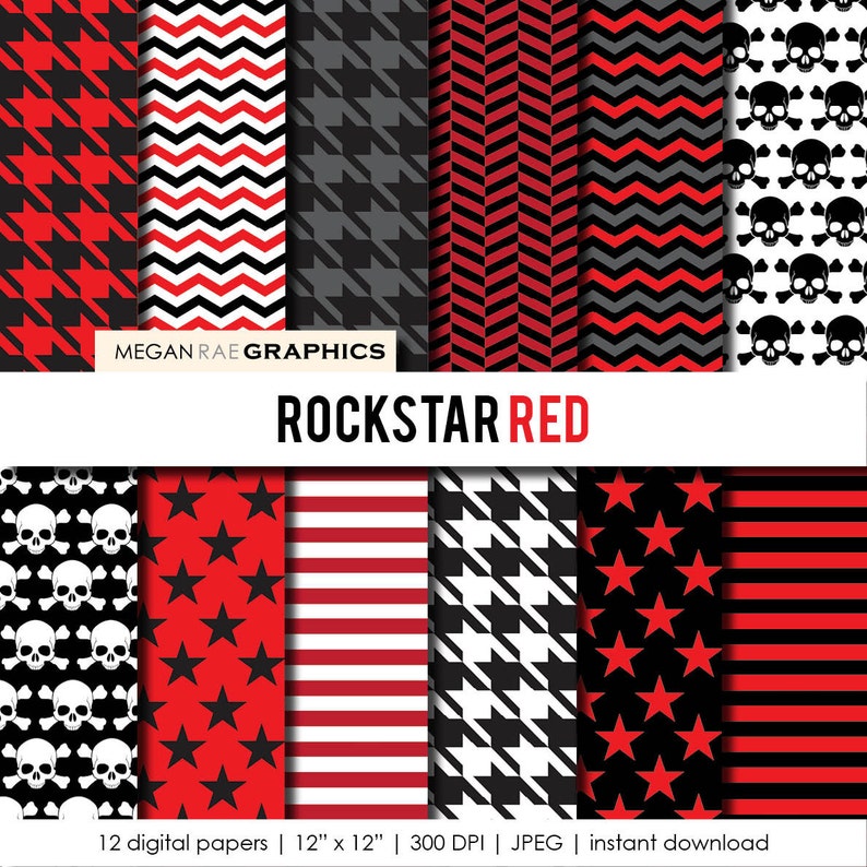 Digital Paper - 12x12 RED ROCKSTAR Digital Paper Pack (skulls ...