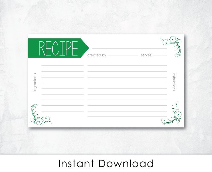 Cute, Modern Green Printable Recipe Card - Etsy
