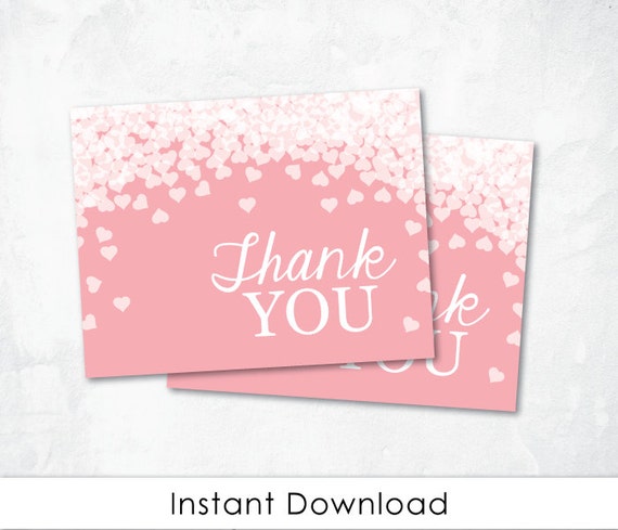 Printable Thank You Card Pink FALLING HEARTS Bridal Shower | Etsy