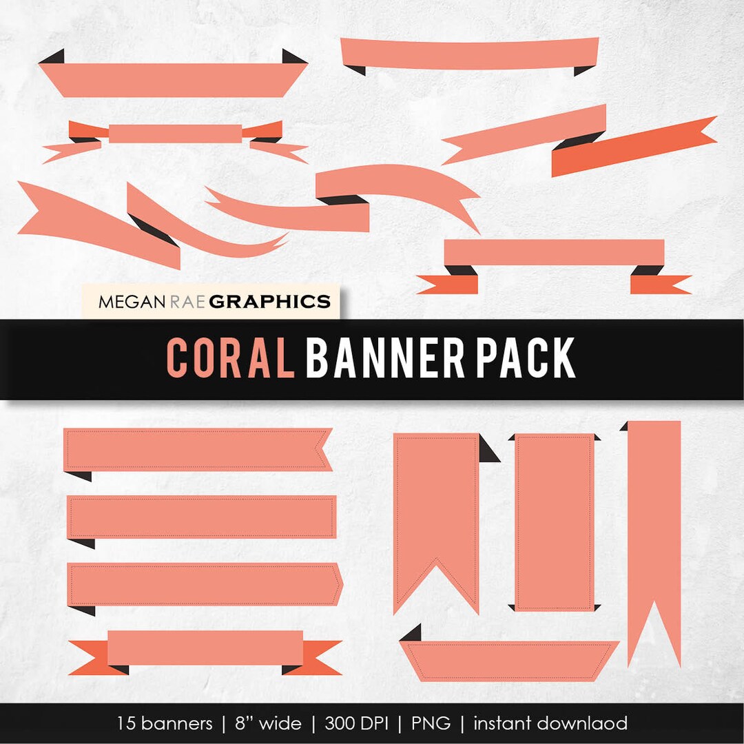 Banner Clipart Set - "coral Banners" Digital Clipart Pack (includes 15 ...
