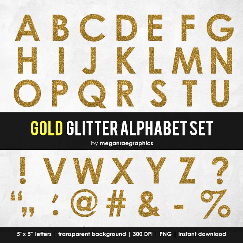Clipart Alphabet Set - 5x5 Printable GOLD GLITTER Alphabet Digital ...