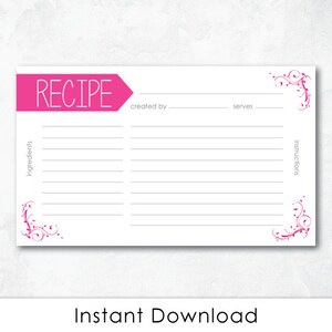 Cute, Modern Pink Printable Recipe Card - Etsy