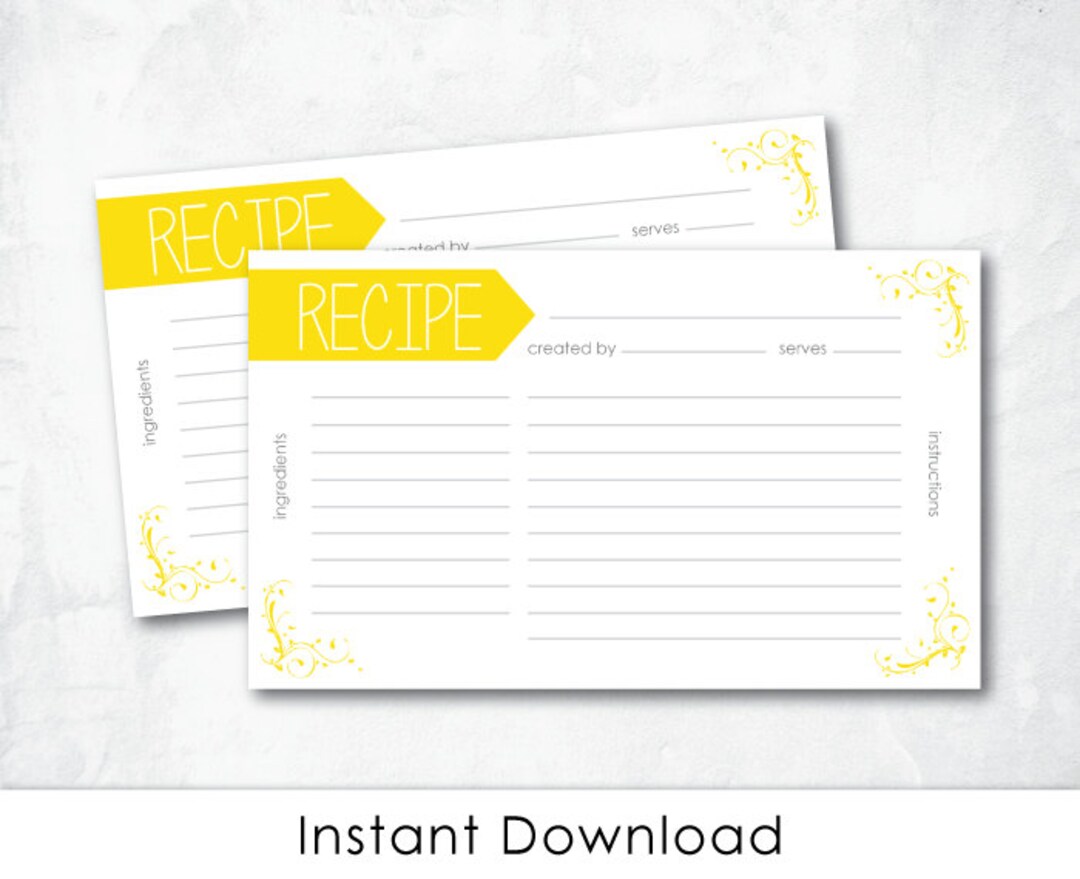 Cute, Modern Yellow Printable Recipe Card - Etsy