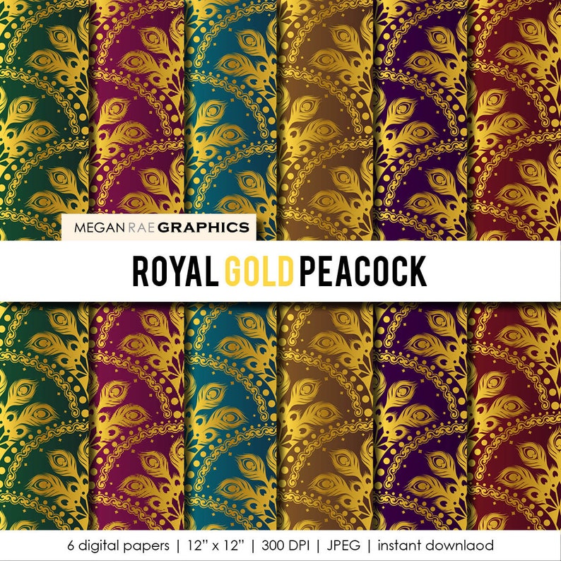 Digital Paper - 12x12 ROYAL GOLD PEACOCK Digital Paper Pack (gold ...