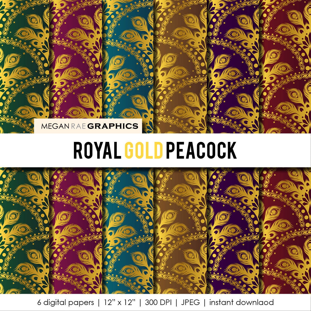 Digital Paper - 12x12 ROYAL GOLD PEACOCK Digital Paper Pack (gold ...
