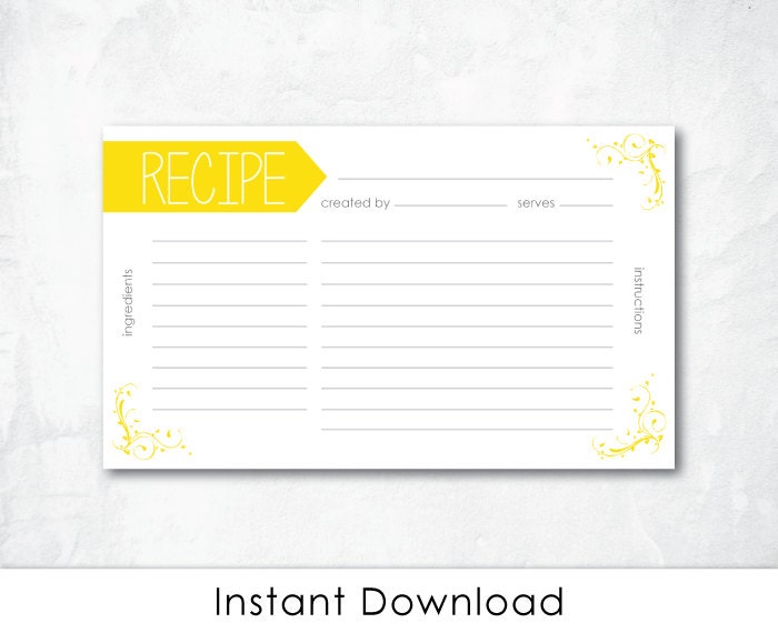 Cute, Modern Yellow Printable Recipe Card - Etsy