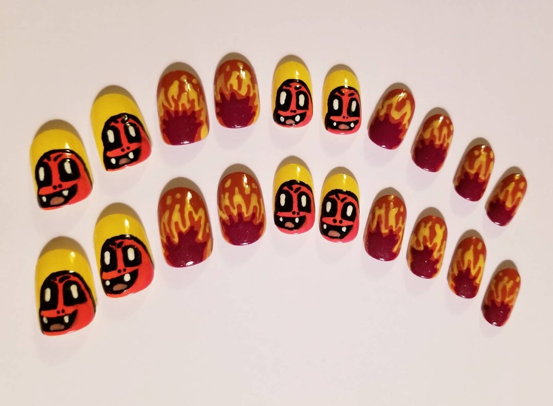 Press on Nails Pokemon Nails, Charmander Nails Geek Nails, Hand Painted ...