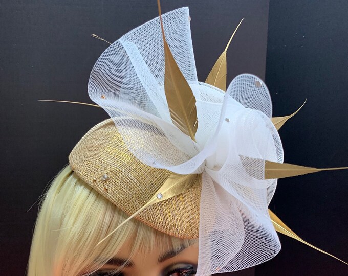 Gold & White Feathered Fascinator. Mother of Bride Fascinator. High Tea ...