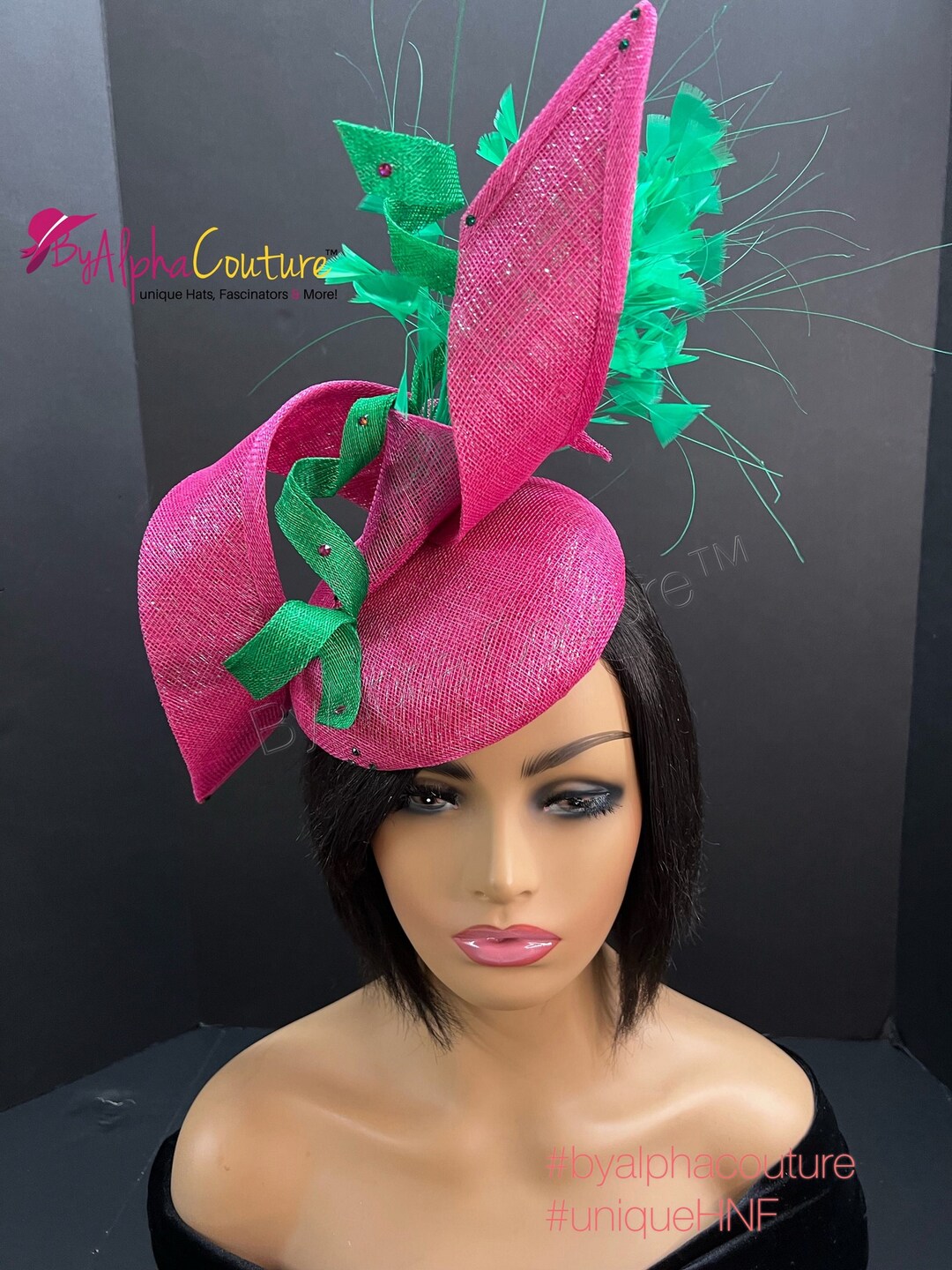 Fuchsia Fascinator With Green Feathers. Bright Pink Headpiece. Wedding ...
