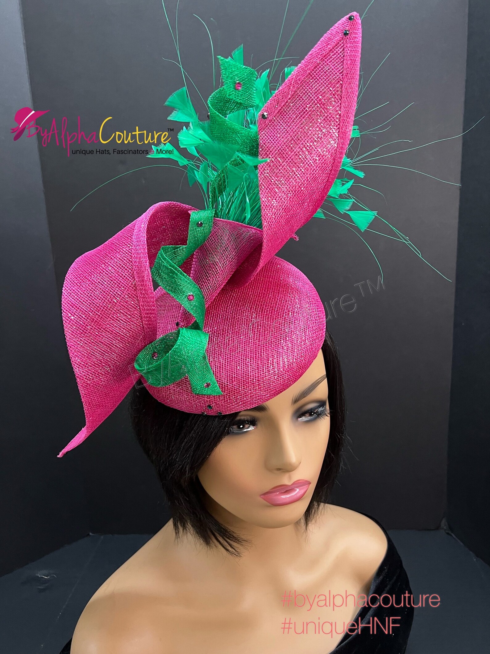 Fuchsia Fascinator With Green Feathers. Bright Pink Headpiece. - Etsy