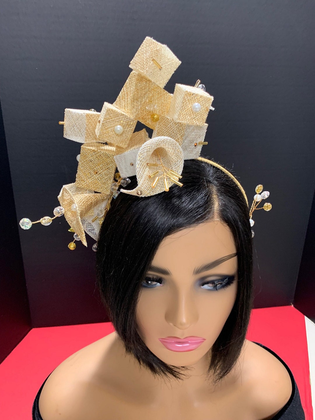 Gold and White Cubed Fascinator. Stunning Tea Party Fascinator. Stylish ...
