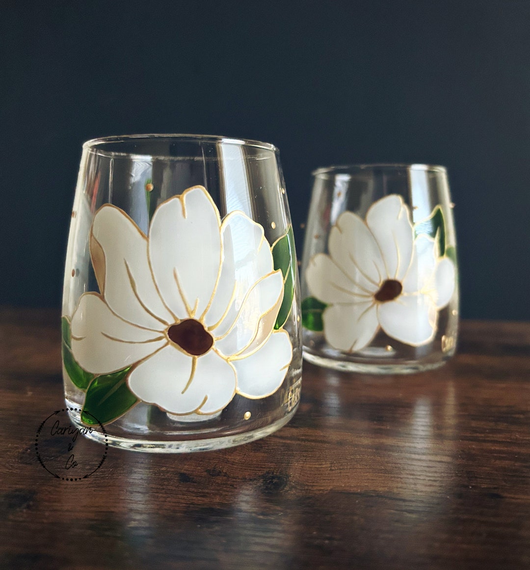 Hand Painted Magnolia Glass Cup - Etsy