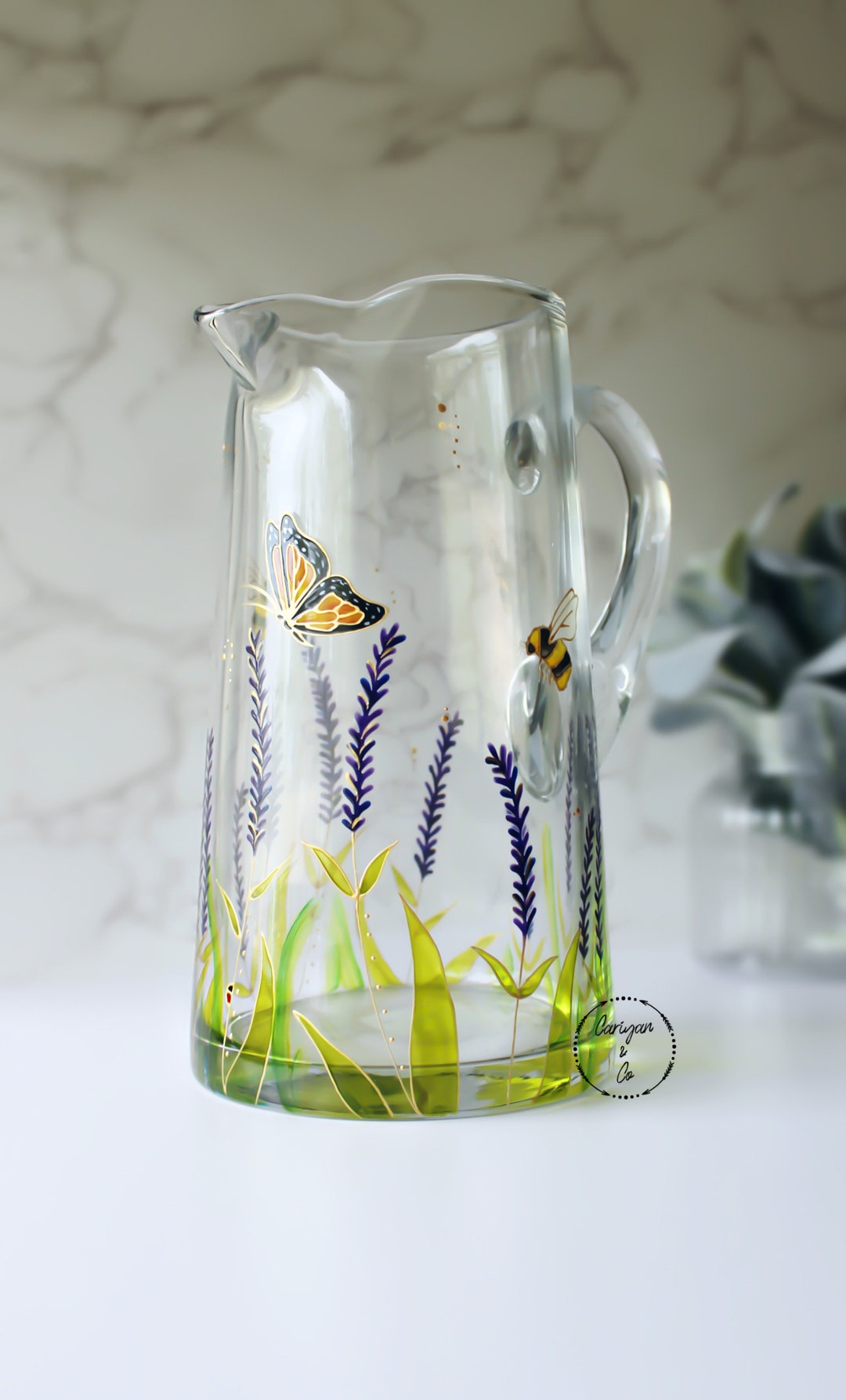 Hand Painted Lavender Glass Pitcher Set: Bees & Blooms - Etsy