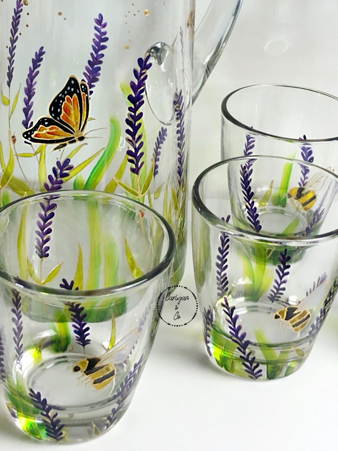 Hand Painted Lavender Glass Pitcher Set: Bees & Blooms - Etsy