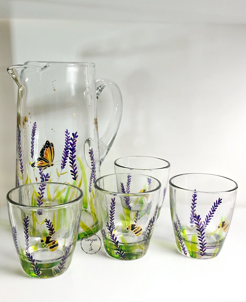 Hand Painted Lavender Glass Pitcher Set: Bees & Blooms - Etsy
