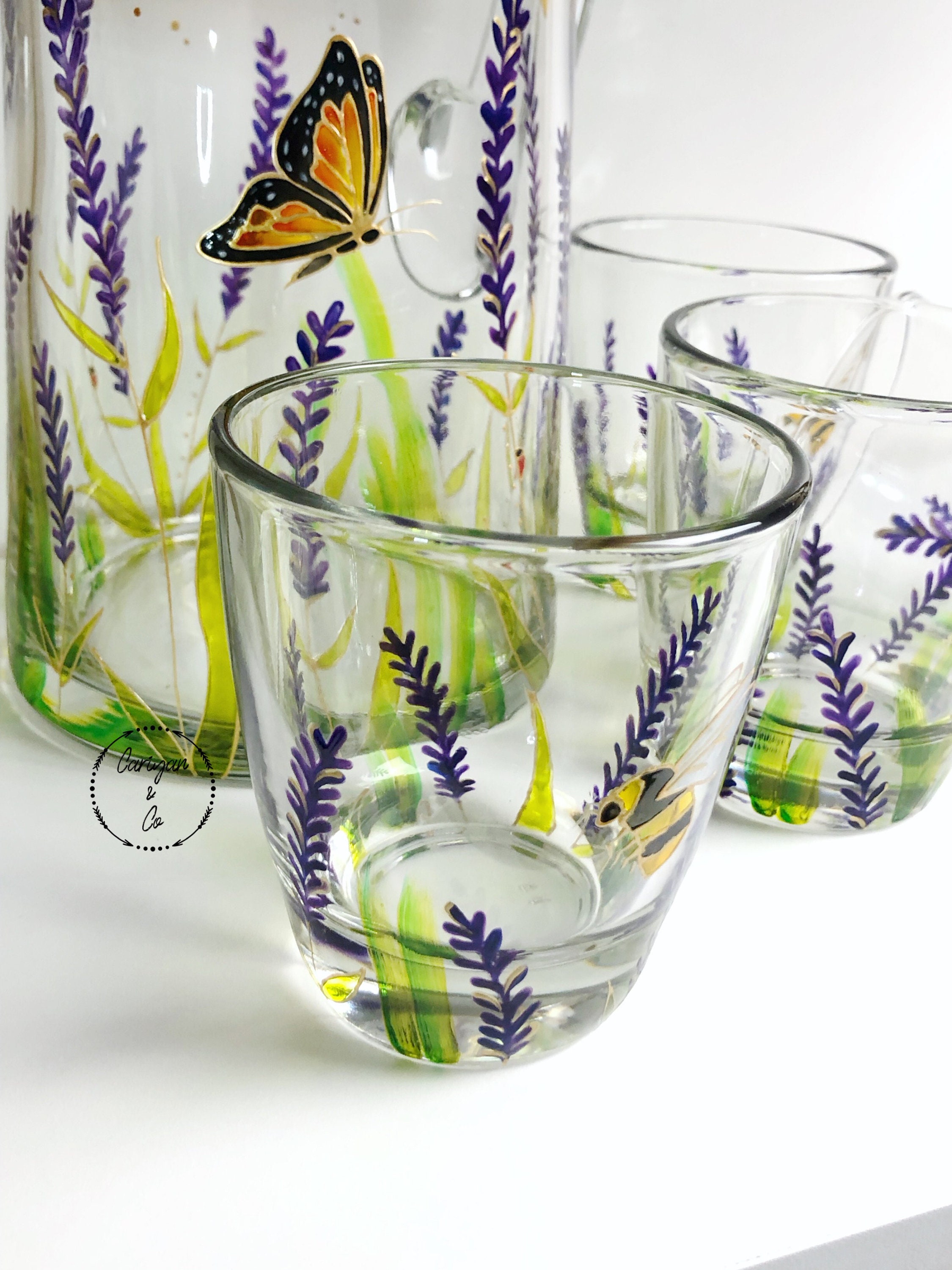 Hand Painted Lavender Glass Pitcher Set: Bees & Blooms - Etsy