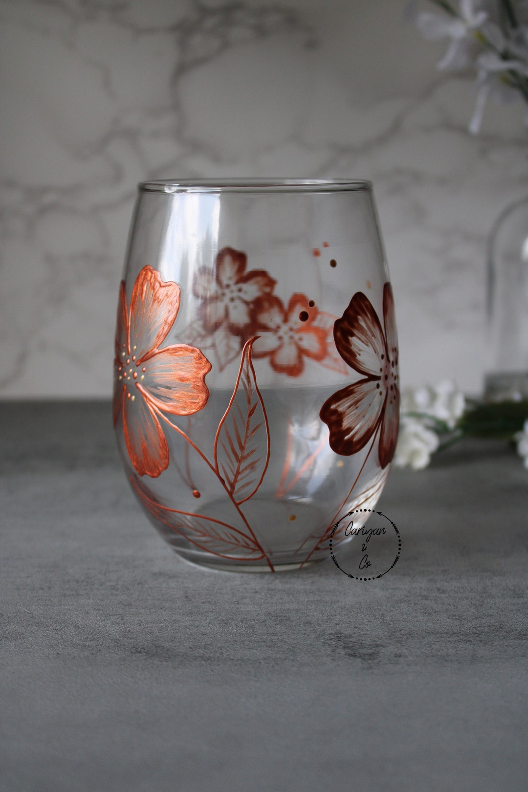 Hand Painted Copper Wine Glass, Floral Glassware Set - Etsy